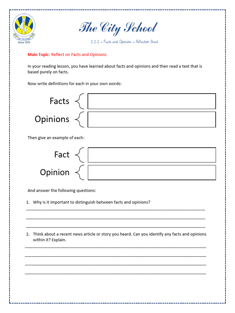 Facts vs. Opinions Reflection Sheet | PDF | Opinion | Learning