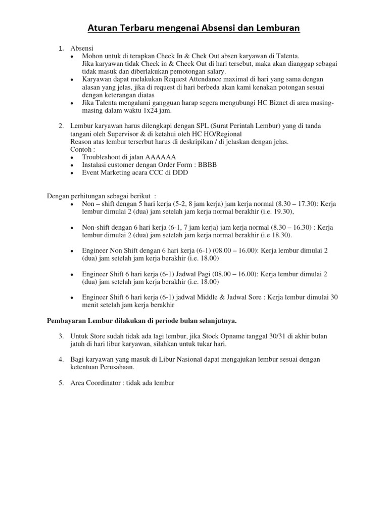 Aturan Terbaru Absensi & Lemburan Biznet | PDF | Karier & Perkembangan ...
