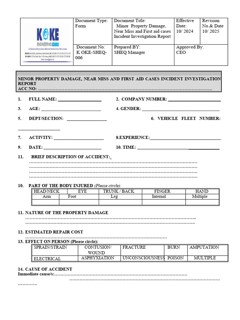 SHEQ Minor Accident Investgation | PDF | Safety