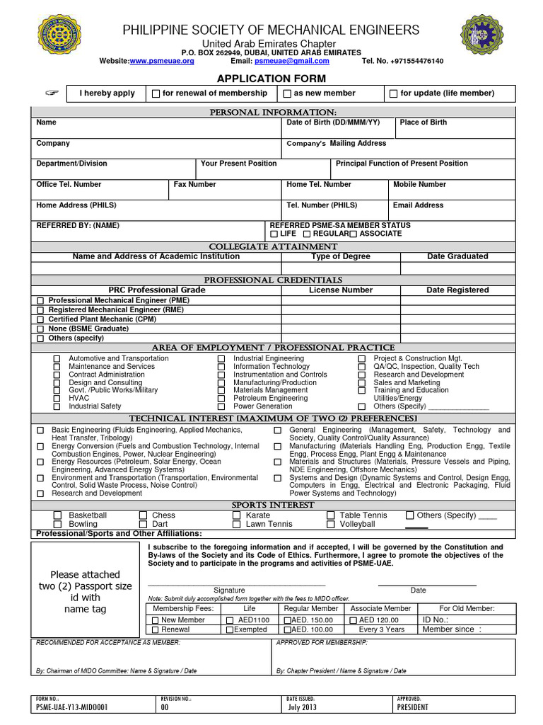 PSME-UAE Membership Application Form - Rev 1 | PDF | Engineering | Mechanical Engineering