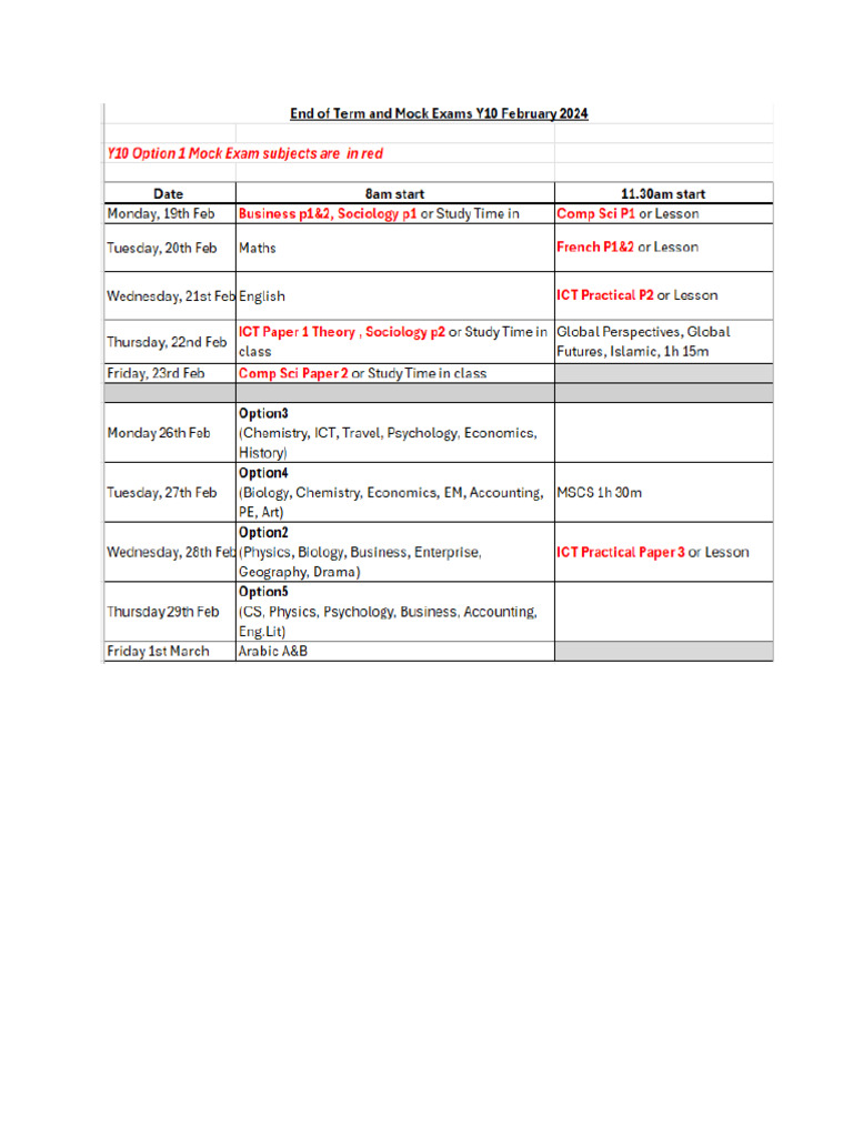 Year 10 Exam Timetable Term 2 and MOCK | PDF