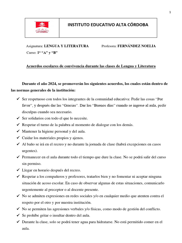 Acuerdos de Convivencia y Criterios de Evaluaci-N de Lengua y Lit. 1-A-O | PDF | Evaluación ...