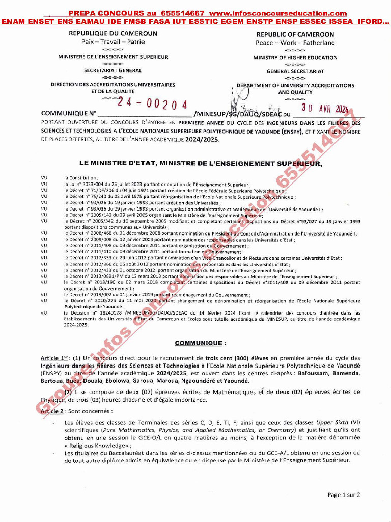 Concours Enspy 2024 - 1 Ing | PDF