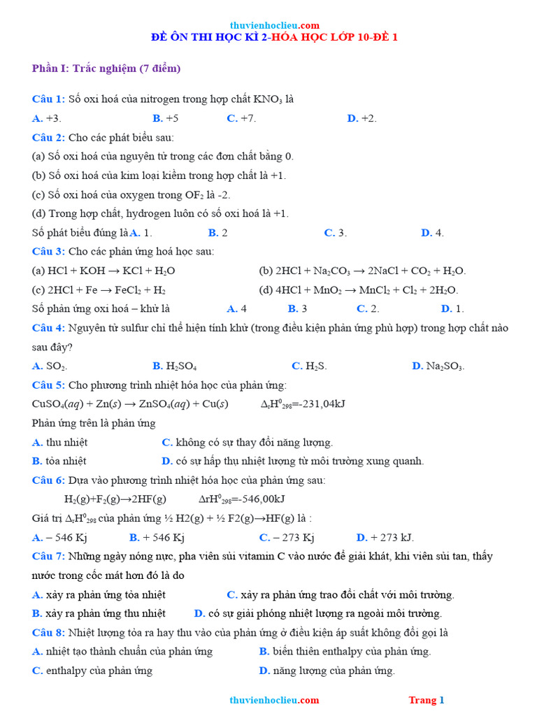 Bo de Thi HK2 Hoa 10 CTST | PDF