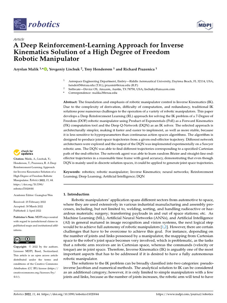 A Deep Reinforcement Learning Approach For Inverse Kinematics Solution Of A High Degree Of 