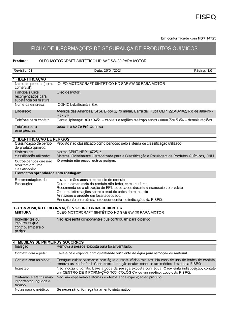 Fispq - Óleo Motorcraft Sintético HD Sae 5W-30 para Motor - 312555 - Rev 260121 PT | PDF ...