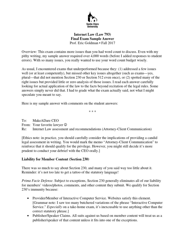 2017 Internet Law Final Exam Sample Answer | PDF | Secondary Liability | Online Copyright ...