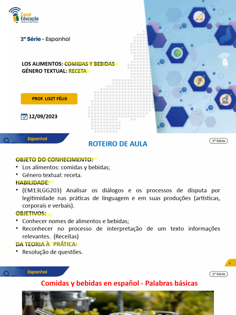 E. Médio 2 Tarde Espanhol 12 09 2023 Los Alimentos Comidas y Bebidas Gênero Textual | PDF ...