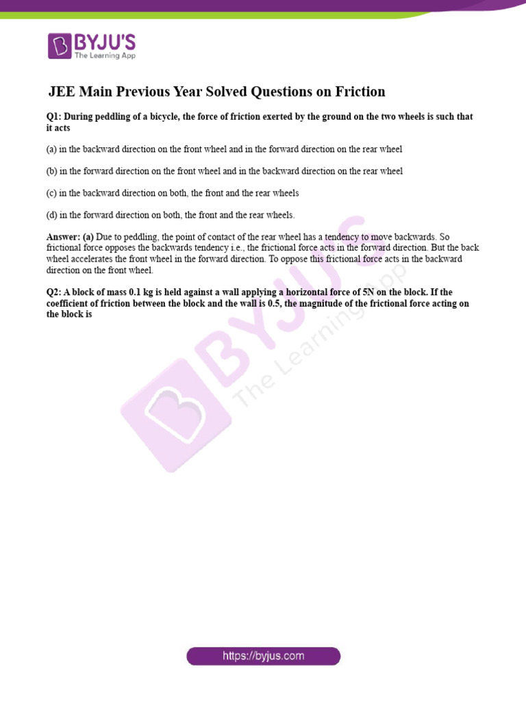 JEE Main Previous Year Solved Questions On Friction PDF | PDF | Force | Friction