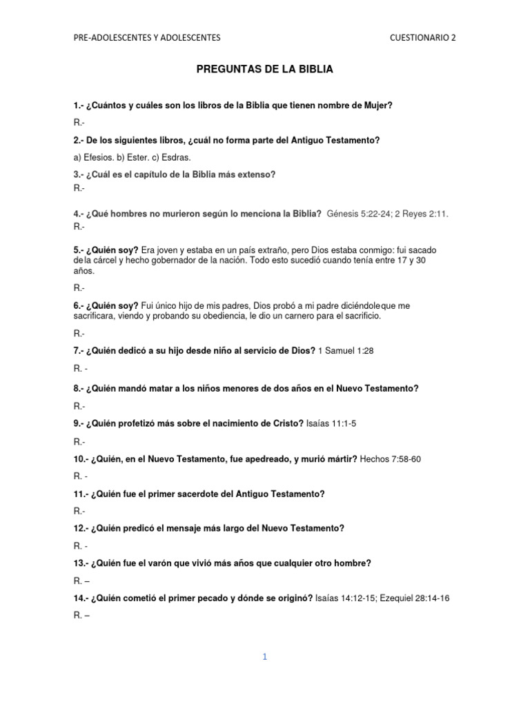 Cuestionario Bíblico para Jóvenes | PDF | Viejo Testamento | Contenido ...