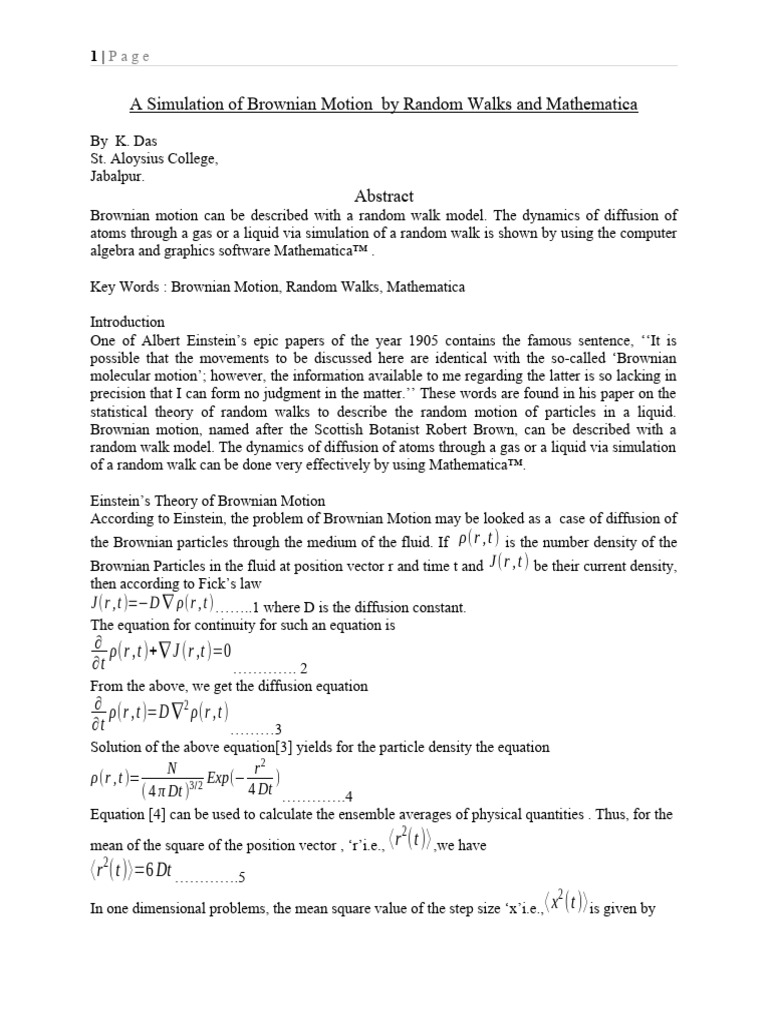 M.SC IV A Simulation of Brownian Motion by Random Walks and Mathematica | PDF | Brownian Motion ...