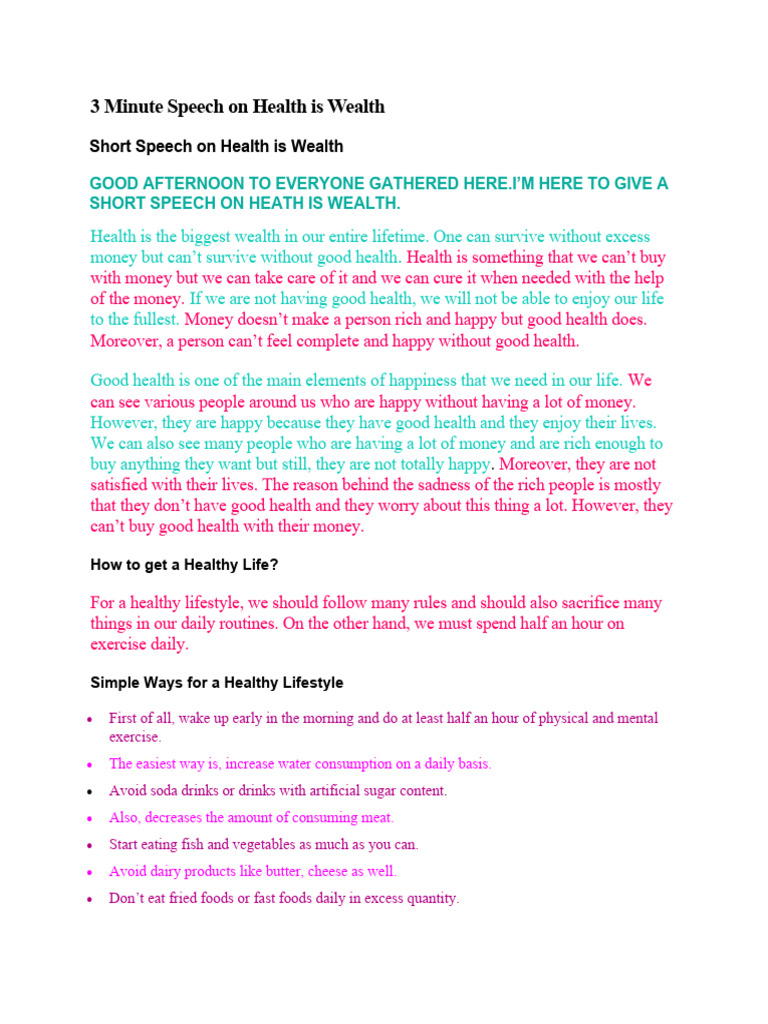 3 Minute Speech On Health Is Wealth | PDF | Soft Drink | Health Promotion