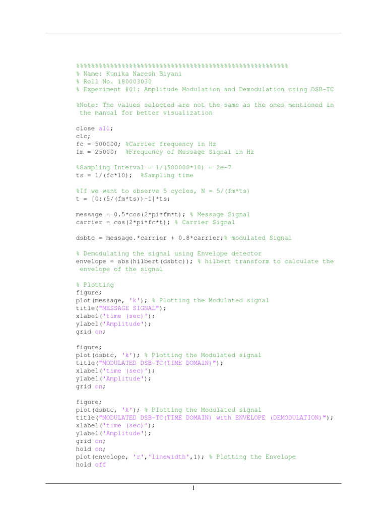 Experiment01 DSBTC MOD DEMOD 180003030DS | PDF