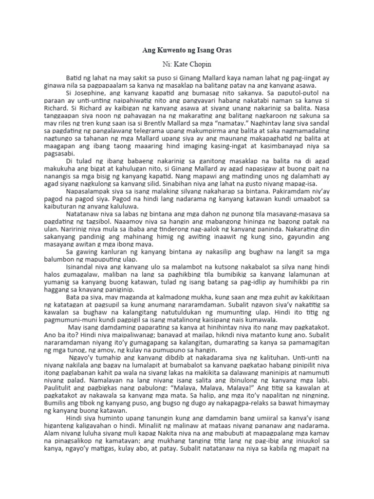 Ang Kwento NG Isang Oras Ni Kate Chopin 1 | PDF