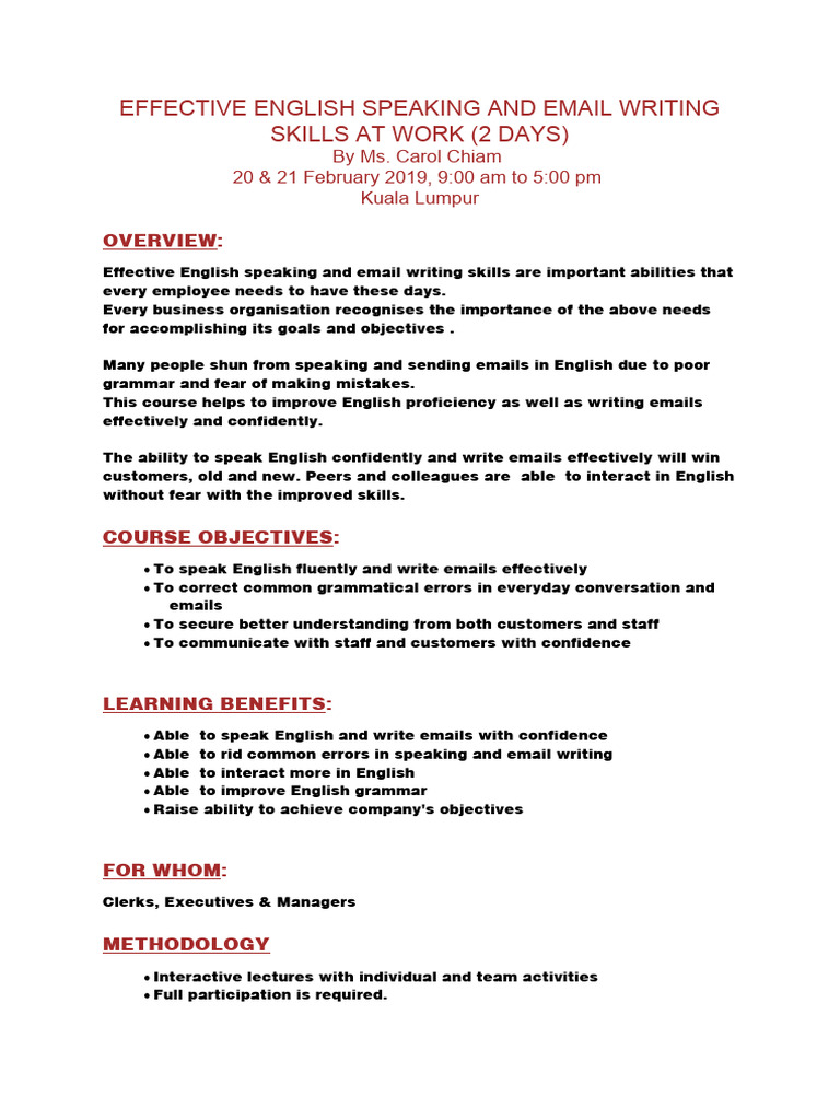 Effective English Speaking and Email Writing Skills at Work | PDF ...