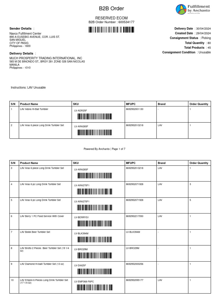 B2B Order for LAV Products | PDF | Alcoholic Drinks | Fermented Drinks