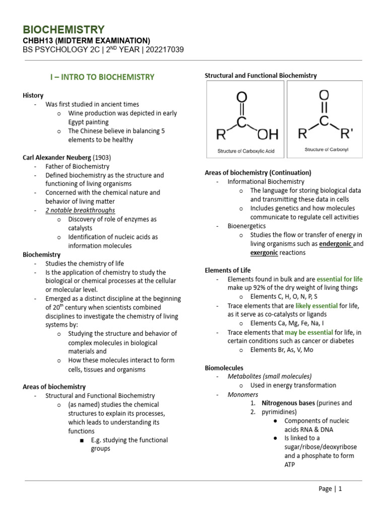 Biochemistry Midterm Reviewer | PDF | Carbohydrates | Biochemistry