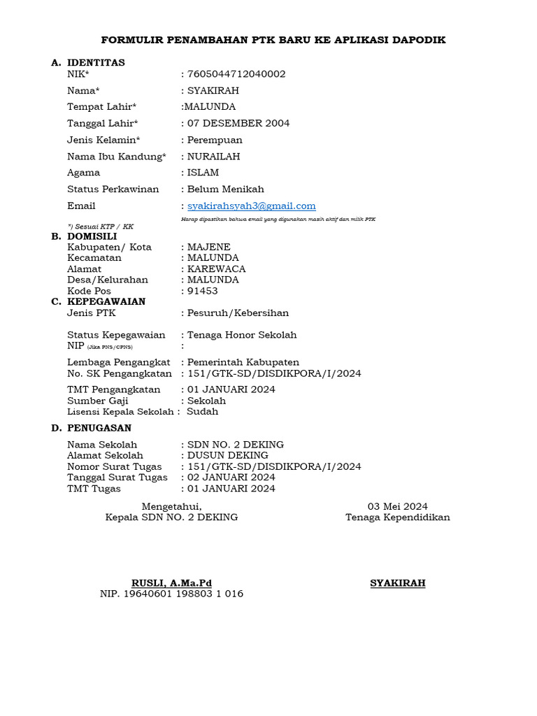 Formulir Penambahan PTK Baru Ke Aplikasi Dapodik Syakirah | PDF