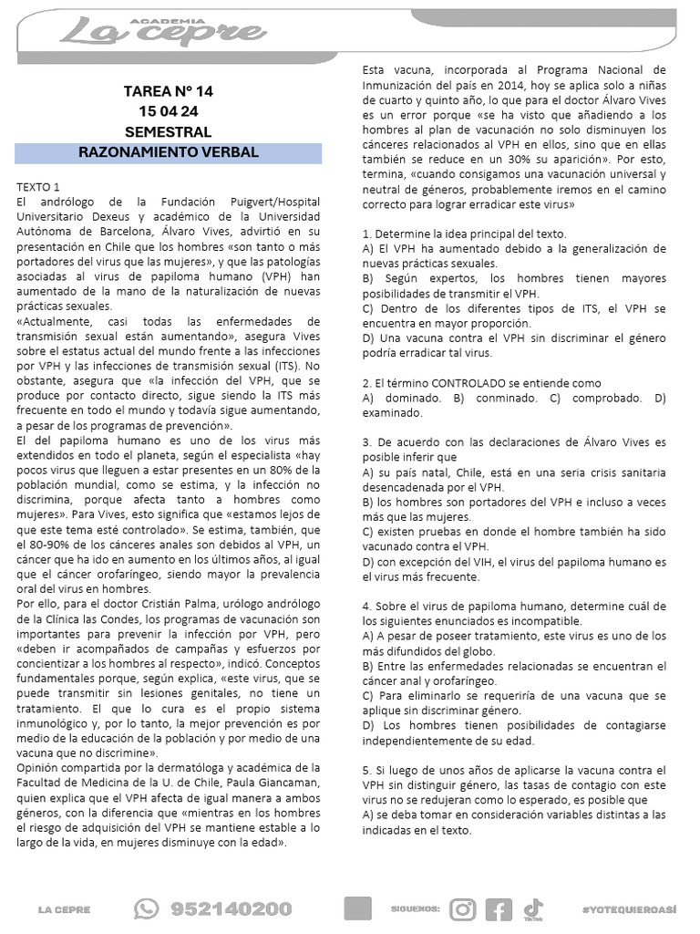 Tarea #14 Semestral | PDF | Virus | Especialidades Medicas