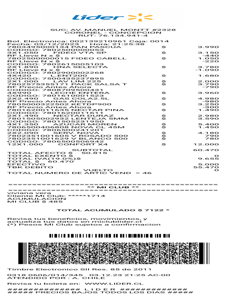 Boleta de Compras en Lider Concepción | PDF