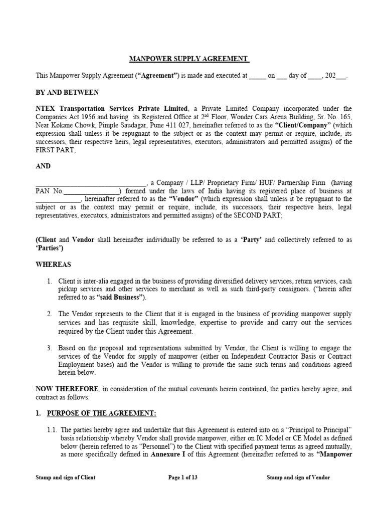 Manpower Supply Agreement (IC + CE) Vendor Model - MSI - V2 ...