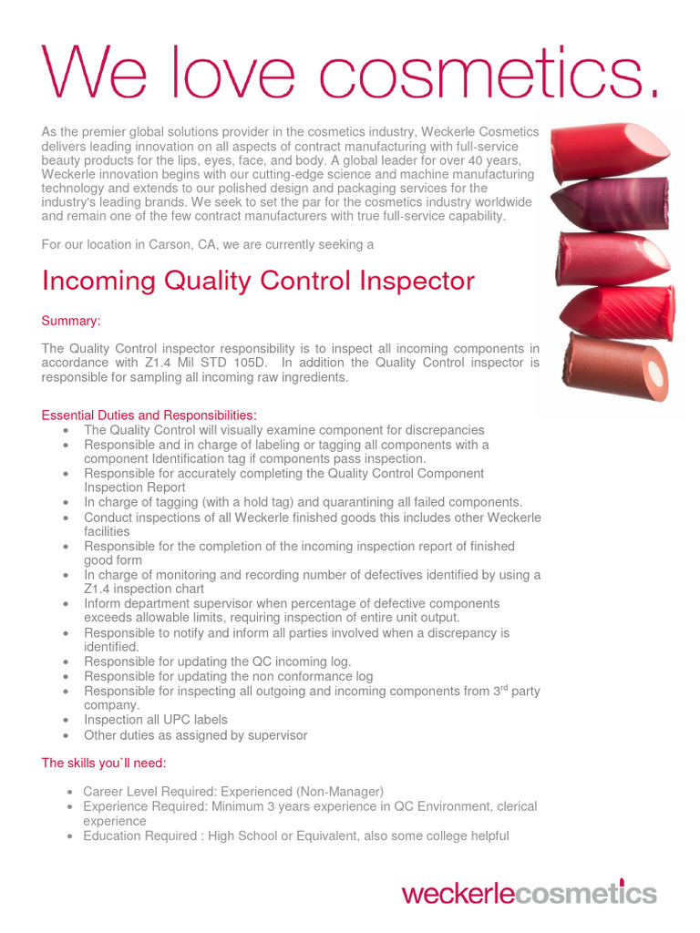 Job Incoming QC Inspector Usa en | PDF | Cosmetics | Business