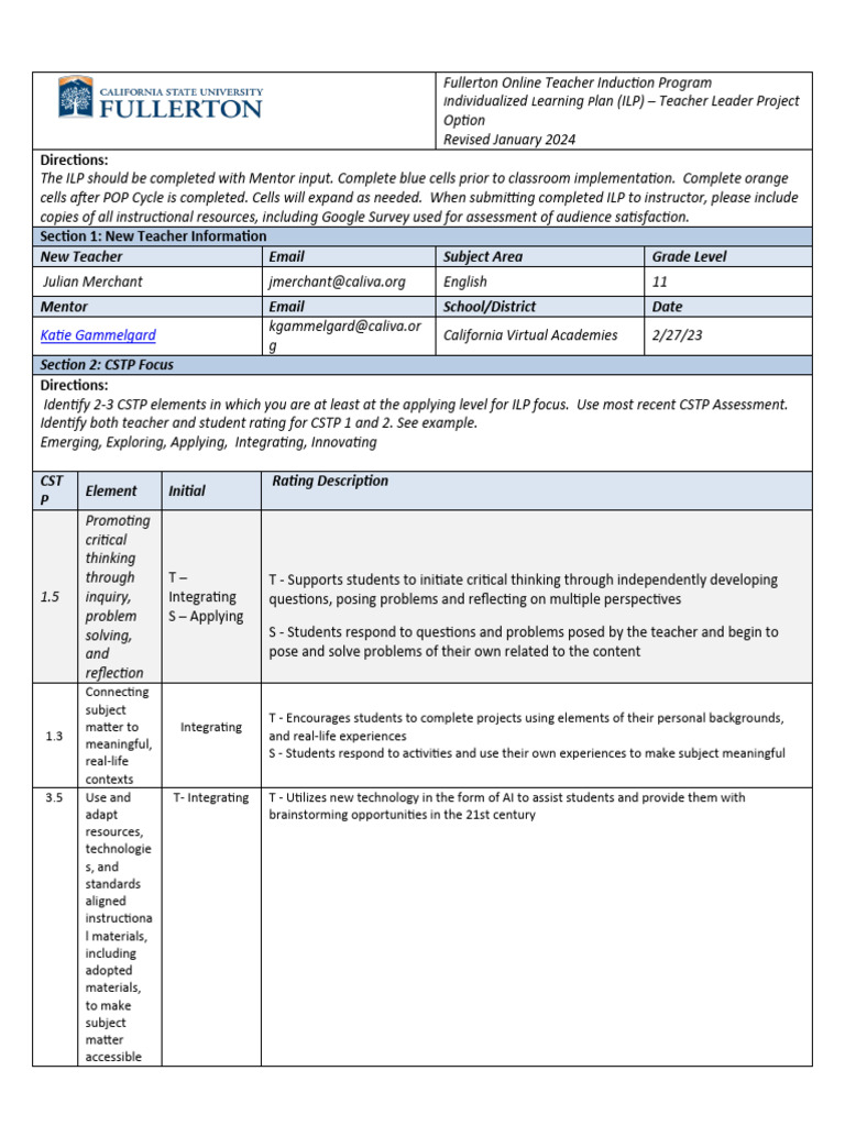 Fullerton Teacher Induction ILP Guide | PDF | Artificial Intelligence ...