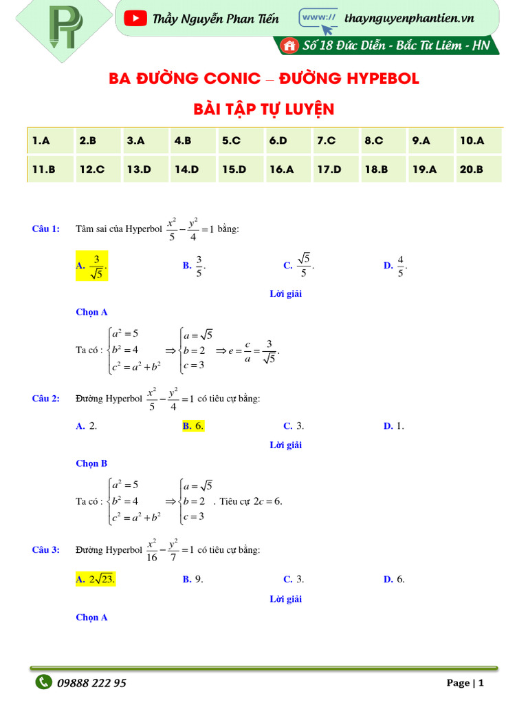 BTVN - Hypebol (Lời Giải + Đáp Án) | PDF