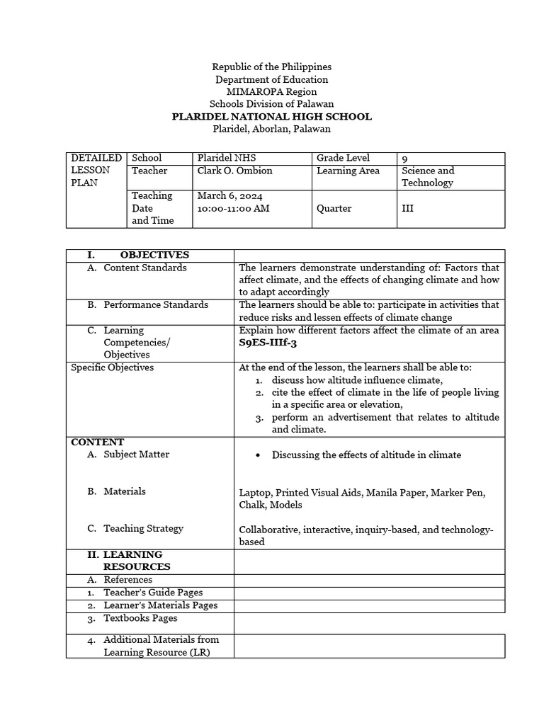 Science 9 Lesson 5 DLP Altitude | PDF | Mountains | Altitude