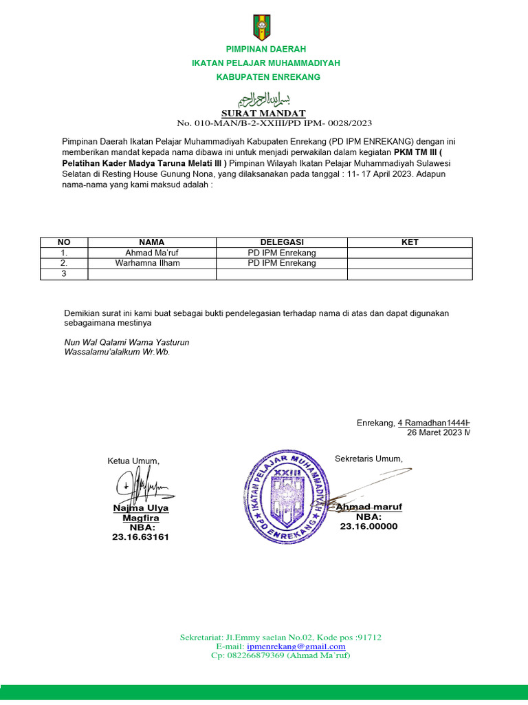Surat Mandat Delegasi IPM Enrekang | PDF