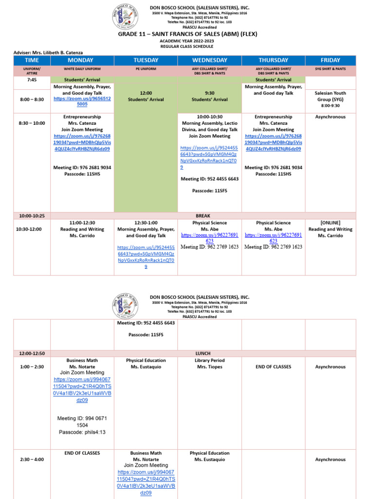 Don Bosco School Grade 11 Class Schedule | PDF