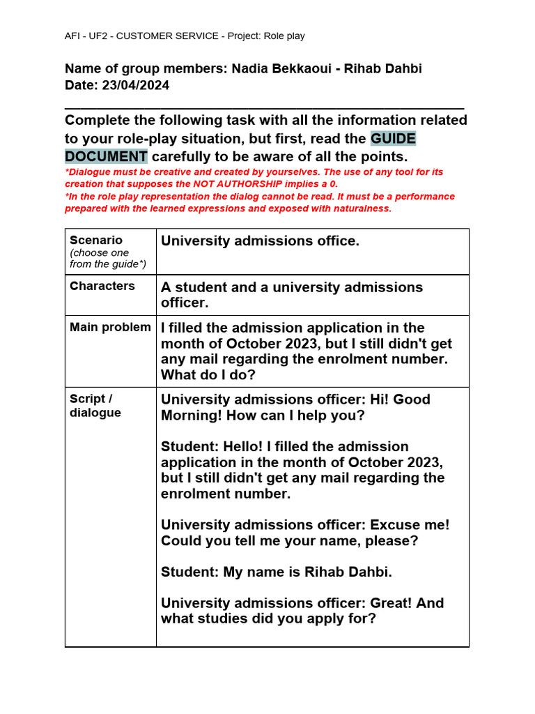 Role Play Template | PDF
