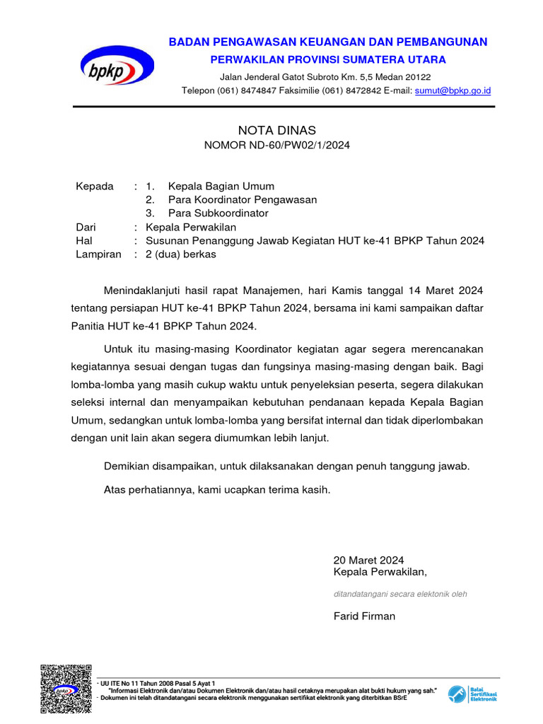 ND Panitia Hut 41 BPKP Tahun 2024 PDF | PDF
