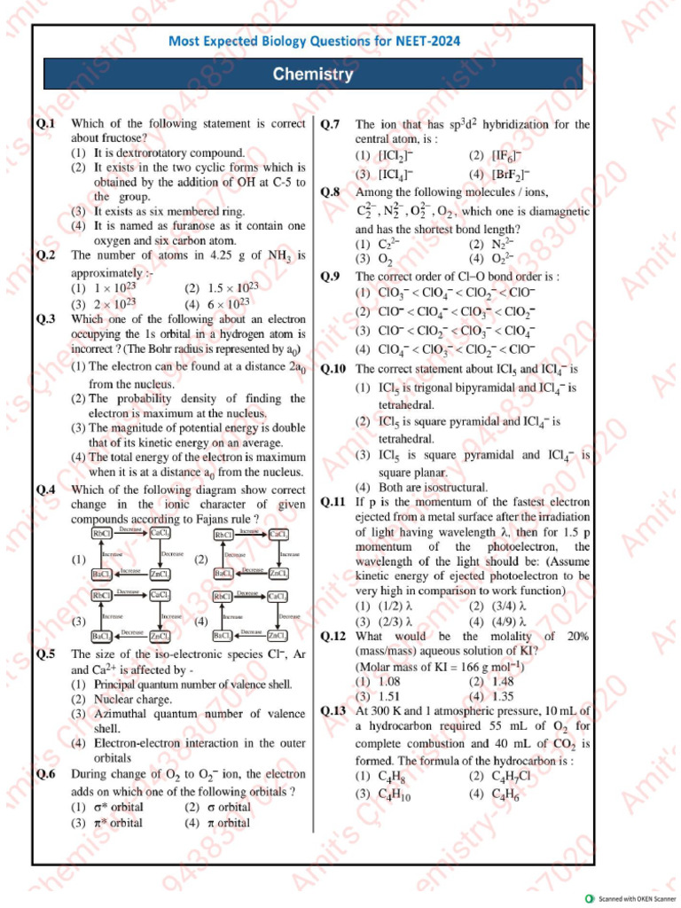 Most Excerpted Questions NEET 2024 Chemistry | PDF