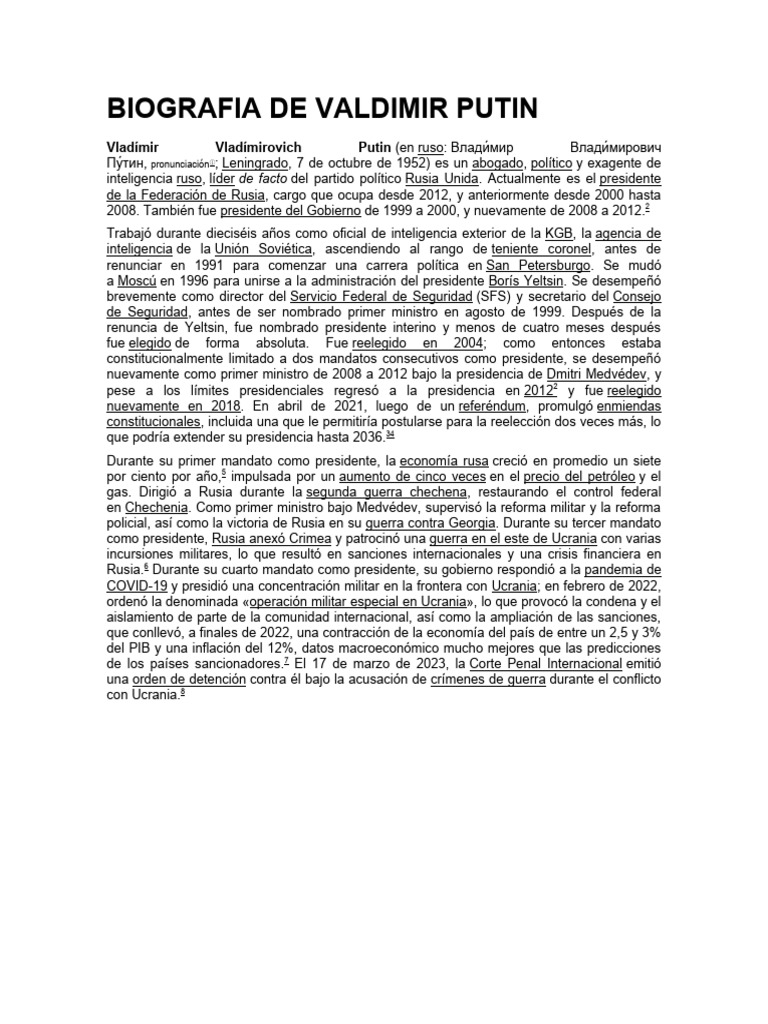 Biografía de Vladímir Putin: Poder y Controversias | PDF | Rusia ...