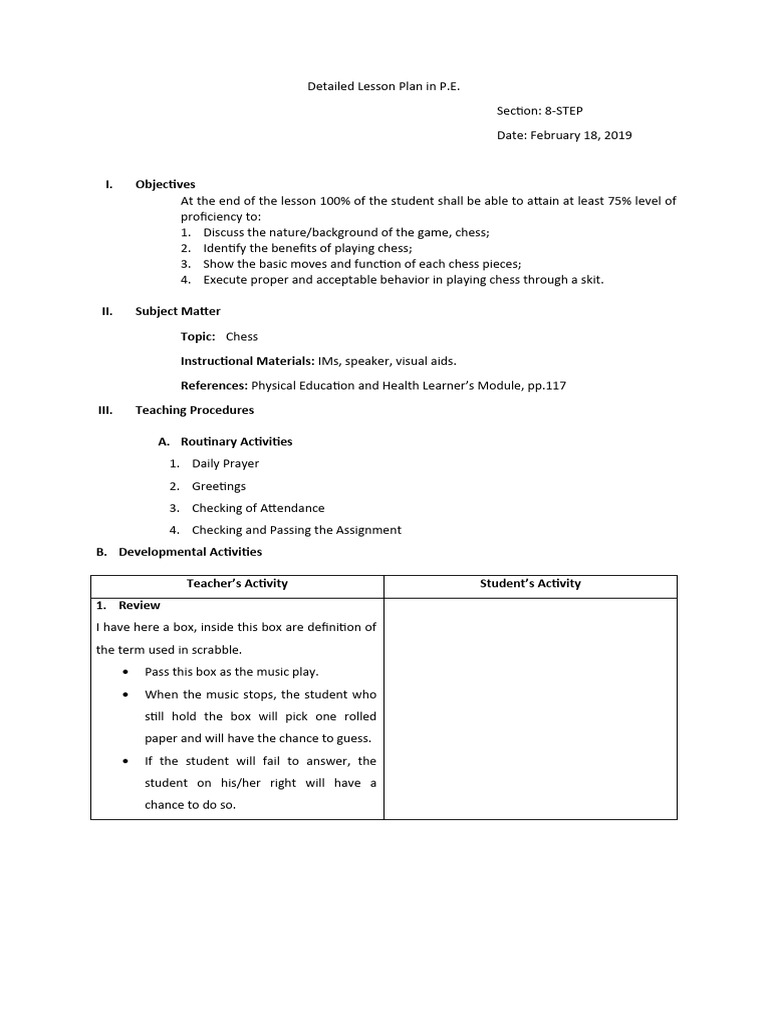 424844453 Detailed Lesson Plan P E 8 Chess | PDF | Chess | Lesson Plan