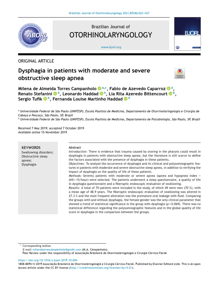 Otorhinolaryngology: Dysphagia in Patients With Moderate and Severe Obstructive Sleep Apnea ...