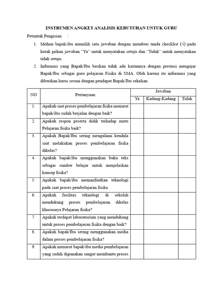 Instrumen Angket Analisis Kebutuhan Untuk Guru | PDF | Kesehatan Holistik
