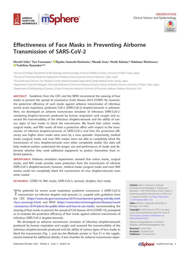 Effectiveness of Face Masks in Preventing Airborne Transmission of SARS ...