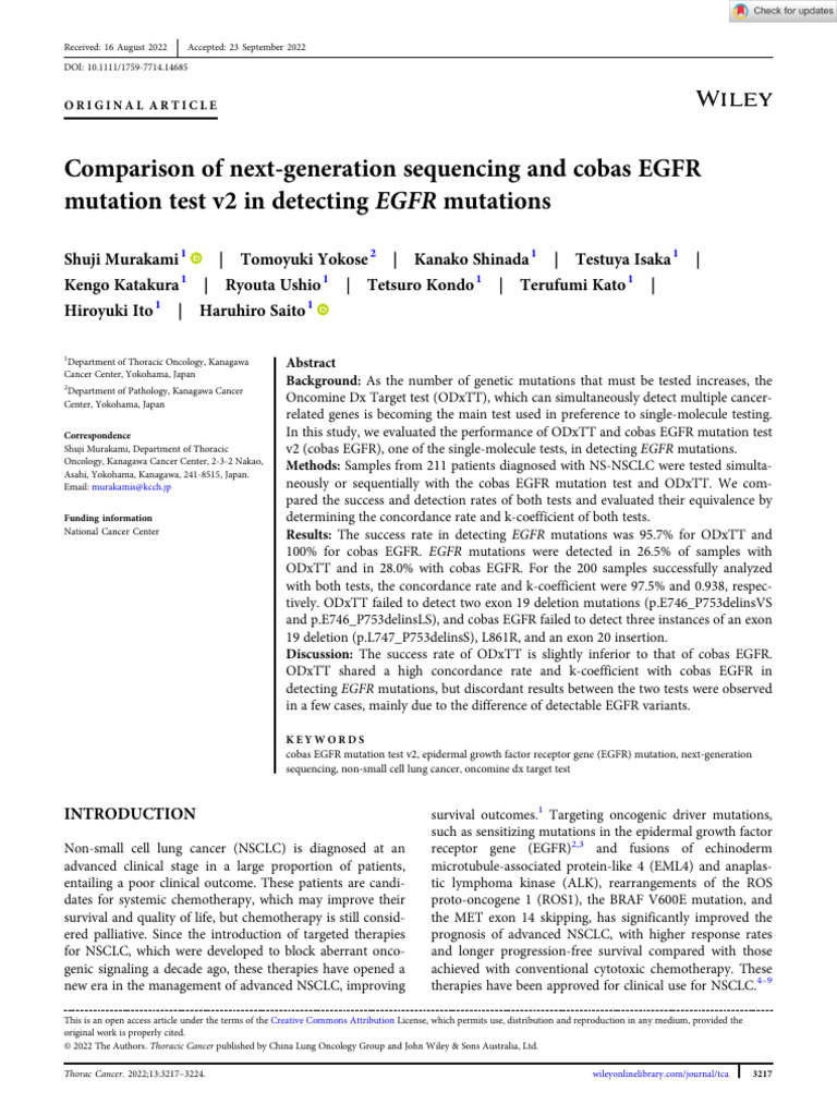 Thoracic Cancer - 2022 - Murakami - Comparison of Next Generation Sequencing and Cobas EGFR ...