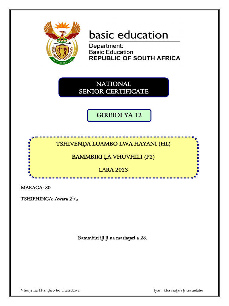 Tshivenda HL P2 Nov 2023 | PDF | Language Arts & Discipline | Religion ...