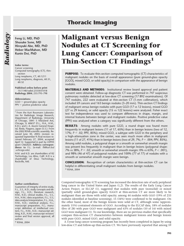 Malignant Vs Benign Nodules. Radiology 2004 | PDF | Ct Scan | Radiology
