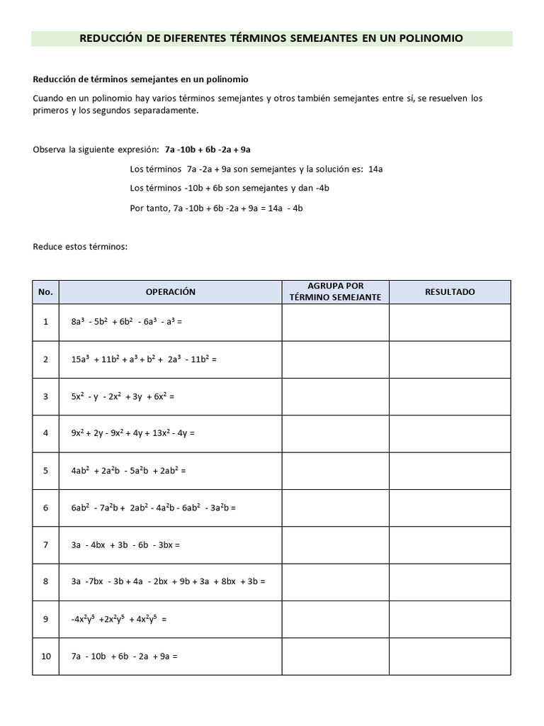 AIND ACT. 16 Ejercicios Reduccion Terminos Semejantes en Polinomios | PDF