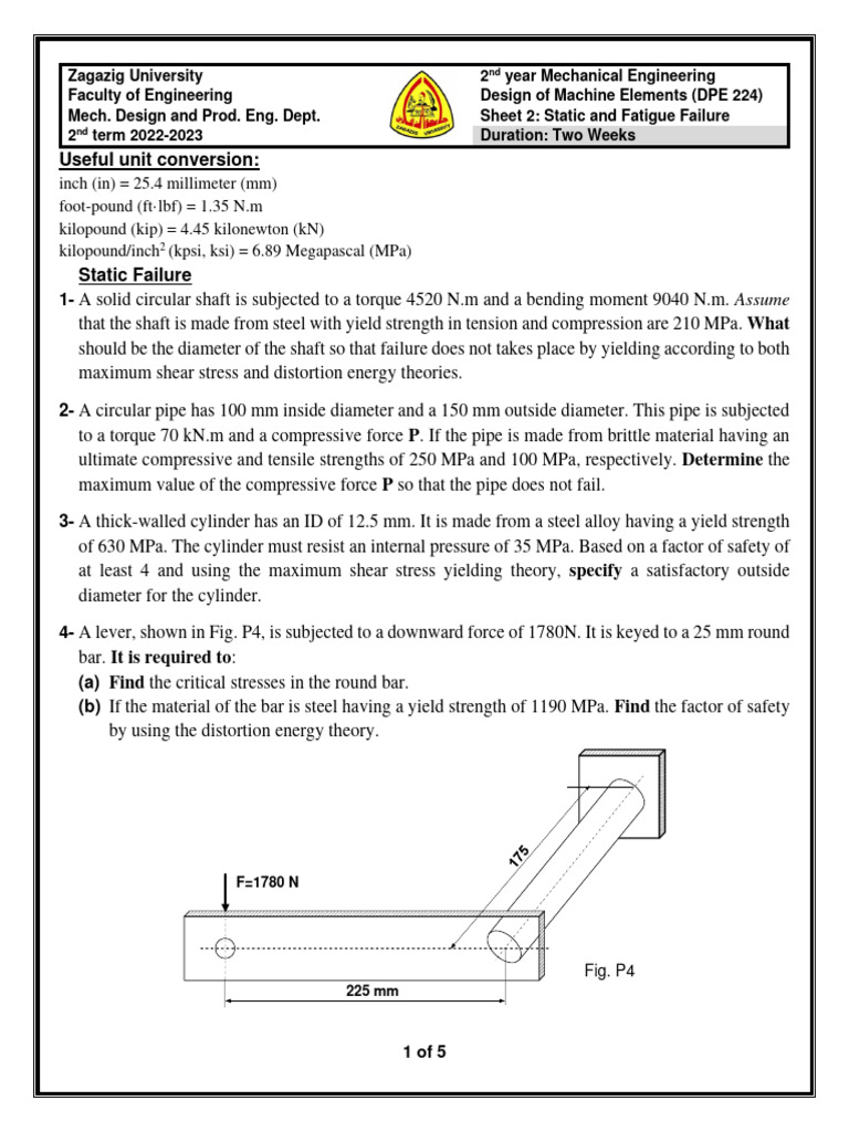 Sheet#2 Static and Fatigue Failure | PDF | Strength Of Materials ...