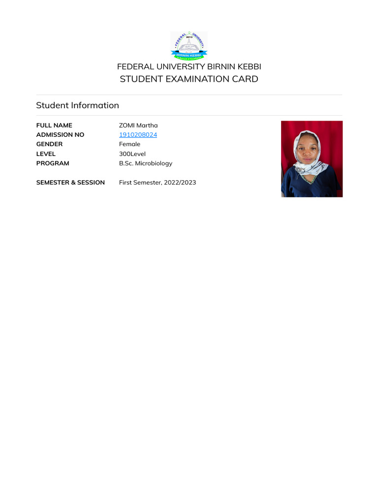 FUBK Examination Card for Students | PDF