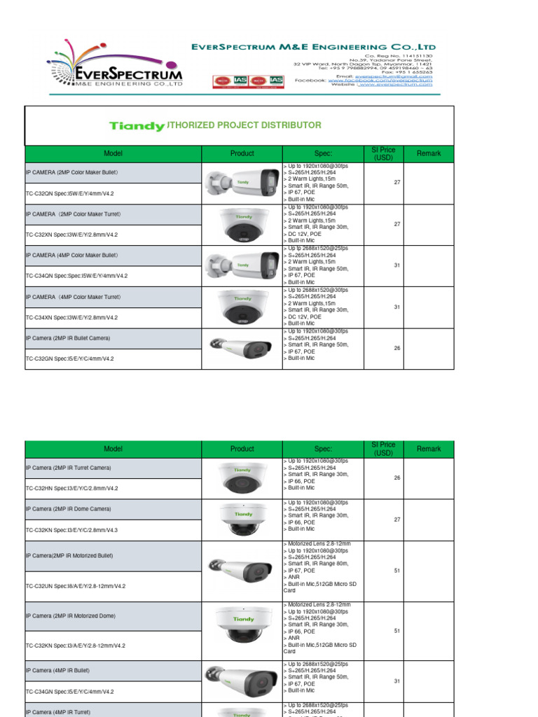 Price List of Tiandy (ES-SI) | PDF | Digital Technology | Video