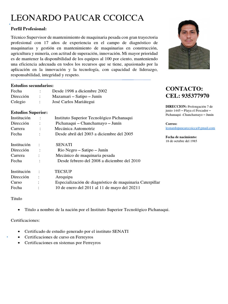 CV Leonardo Paucar Ccoicca | PDF | Vehículos | Vehículo de motor