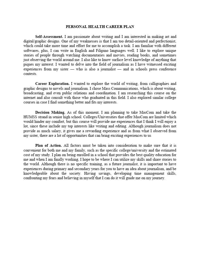 Personal Health Career Plan 1 | PDF | Experience | Journalism