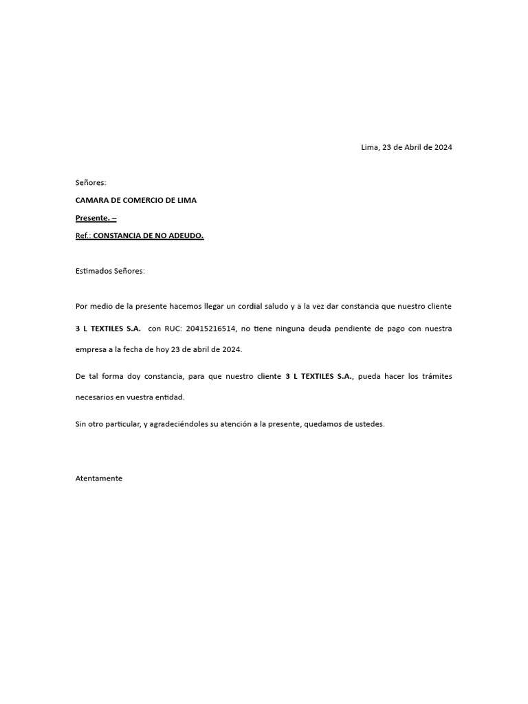 Modelo Carta de No Adeudo | PDF