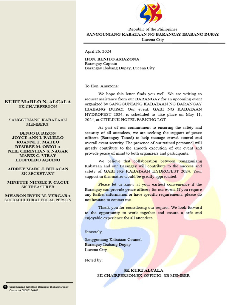 Request Letter - Barangay Tanod | PDF | Philippines | Youth Organizations